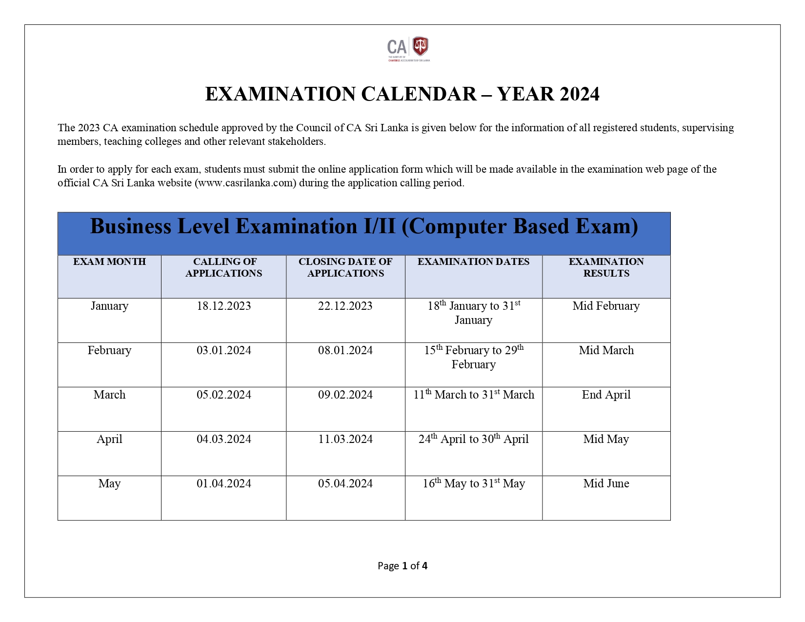 Exam Calendar