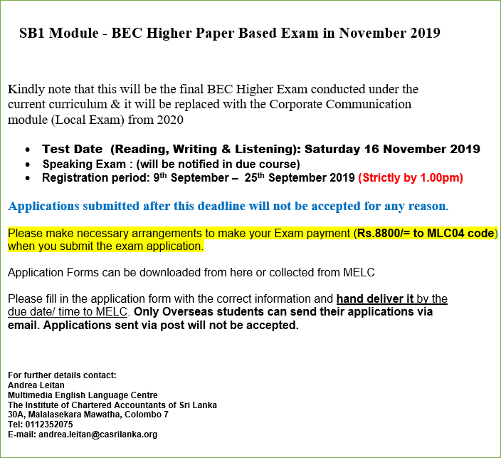 Notice on BEC Higher Paper Based Exam in November